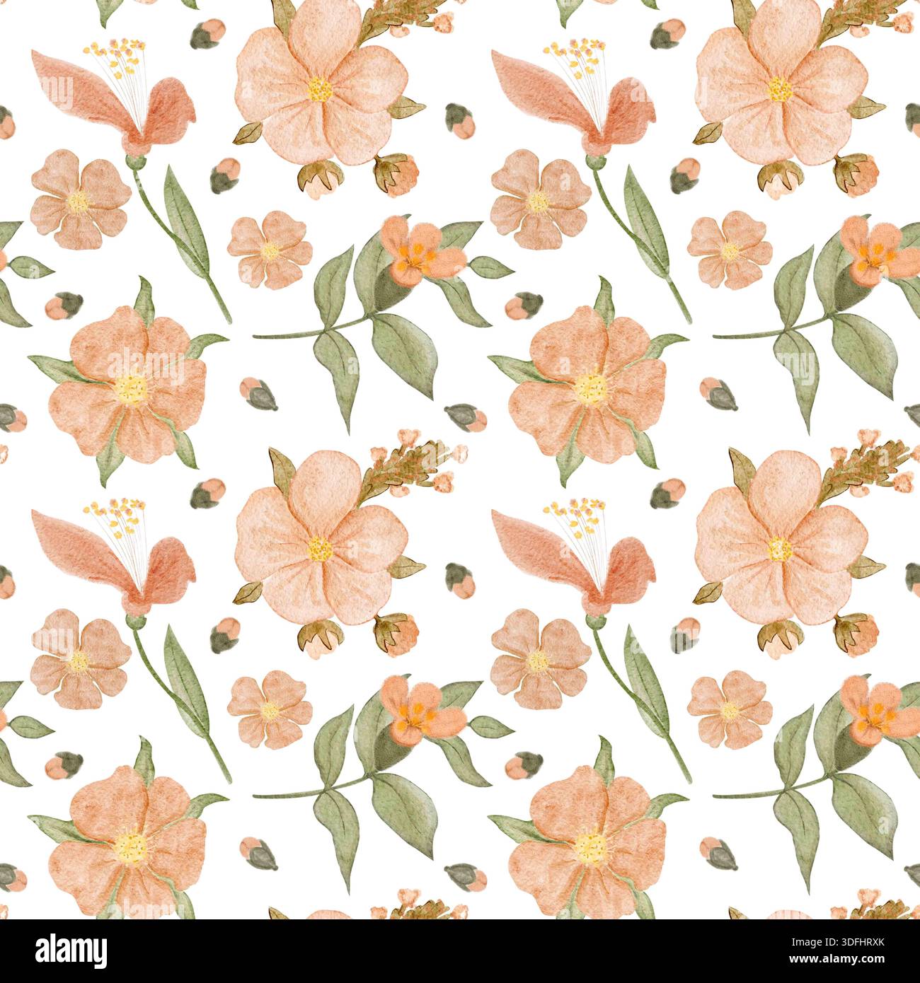 Seamless watercolor floral pattern peach flowers, green foliage in ...