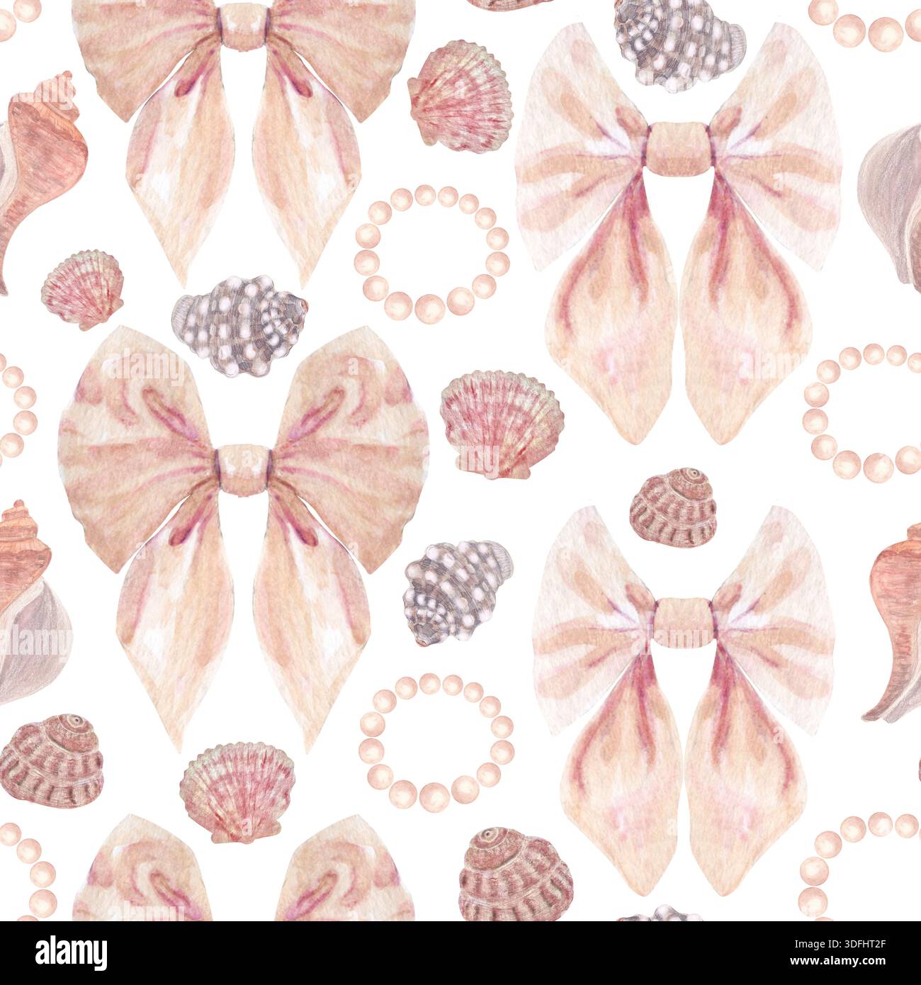 Pink bow, pearl bracelet and seashells seamless watercolor pattern ...