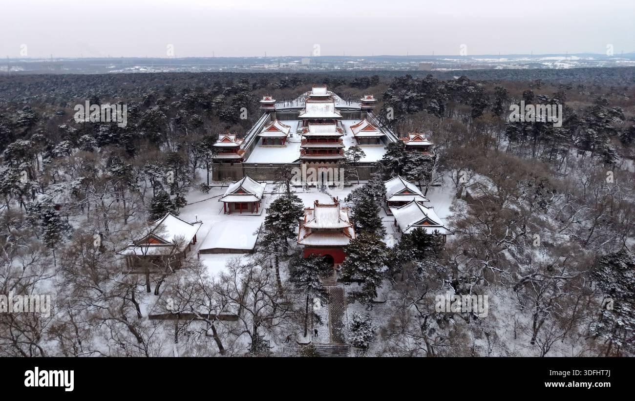 Aerial photo shows the snow-covered Qingfuling Mausoleum in Shenyang ...