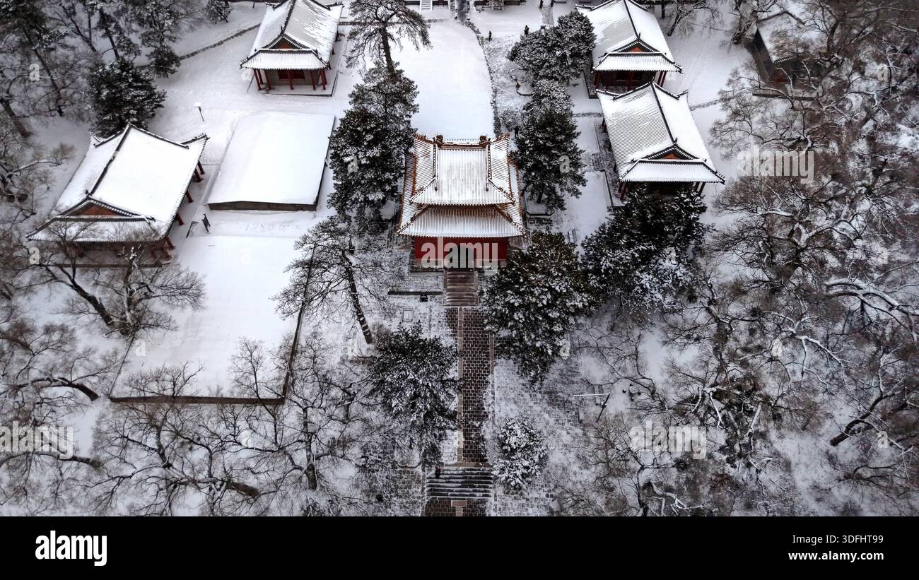Aerial photo shows the snow-covered Qingfuling Mausoleum in Shenyang ...