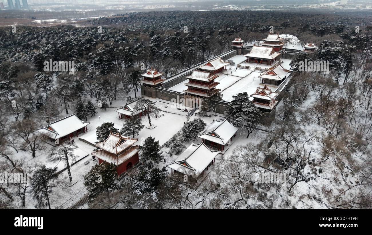 Aerial photo shows the snow-covered Qingfuling Mausoleum in Shenyang ...