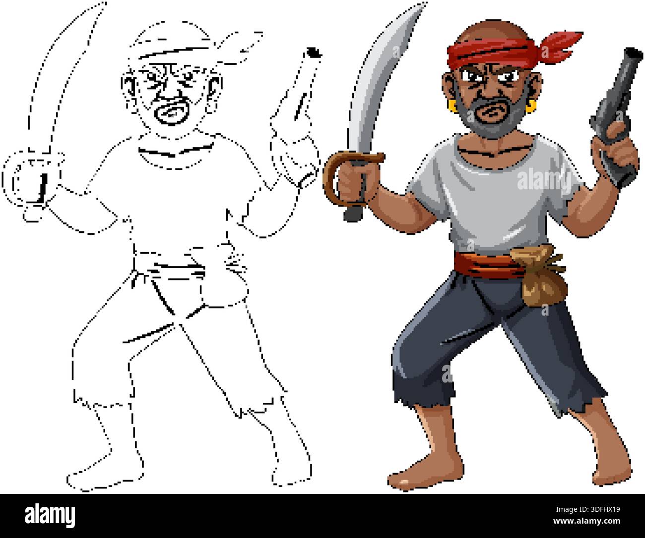 Bold cartoon pirate bandit with sword and pistol, colored and line art ...