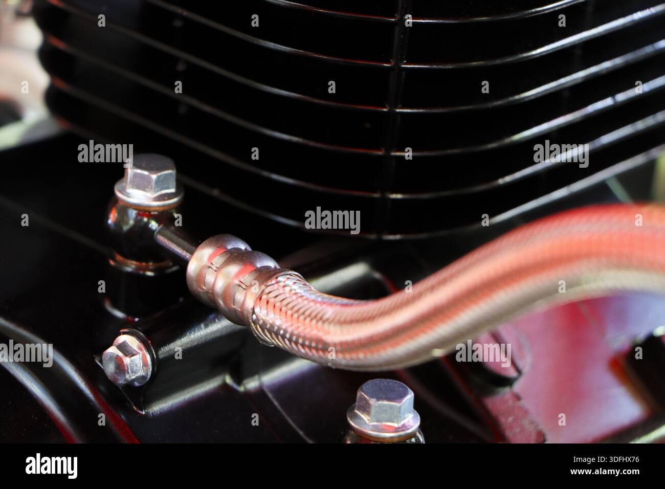 Detailed closeup view of powerful motorcycle engine featuring shiny ...