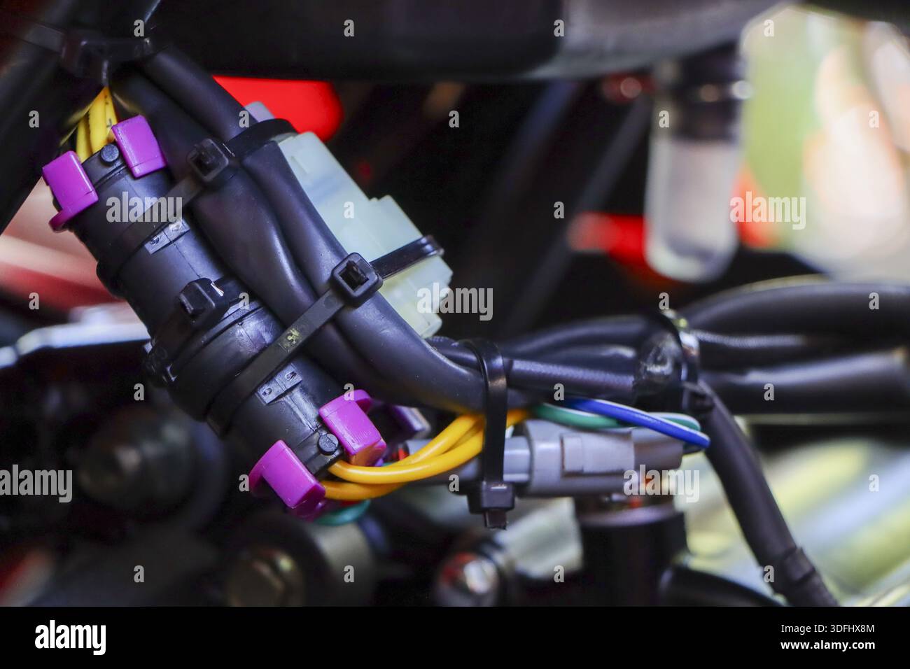 Detailed close up of motorcycle engine electrical wiring and cable ...