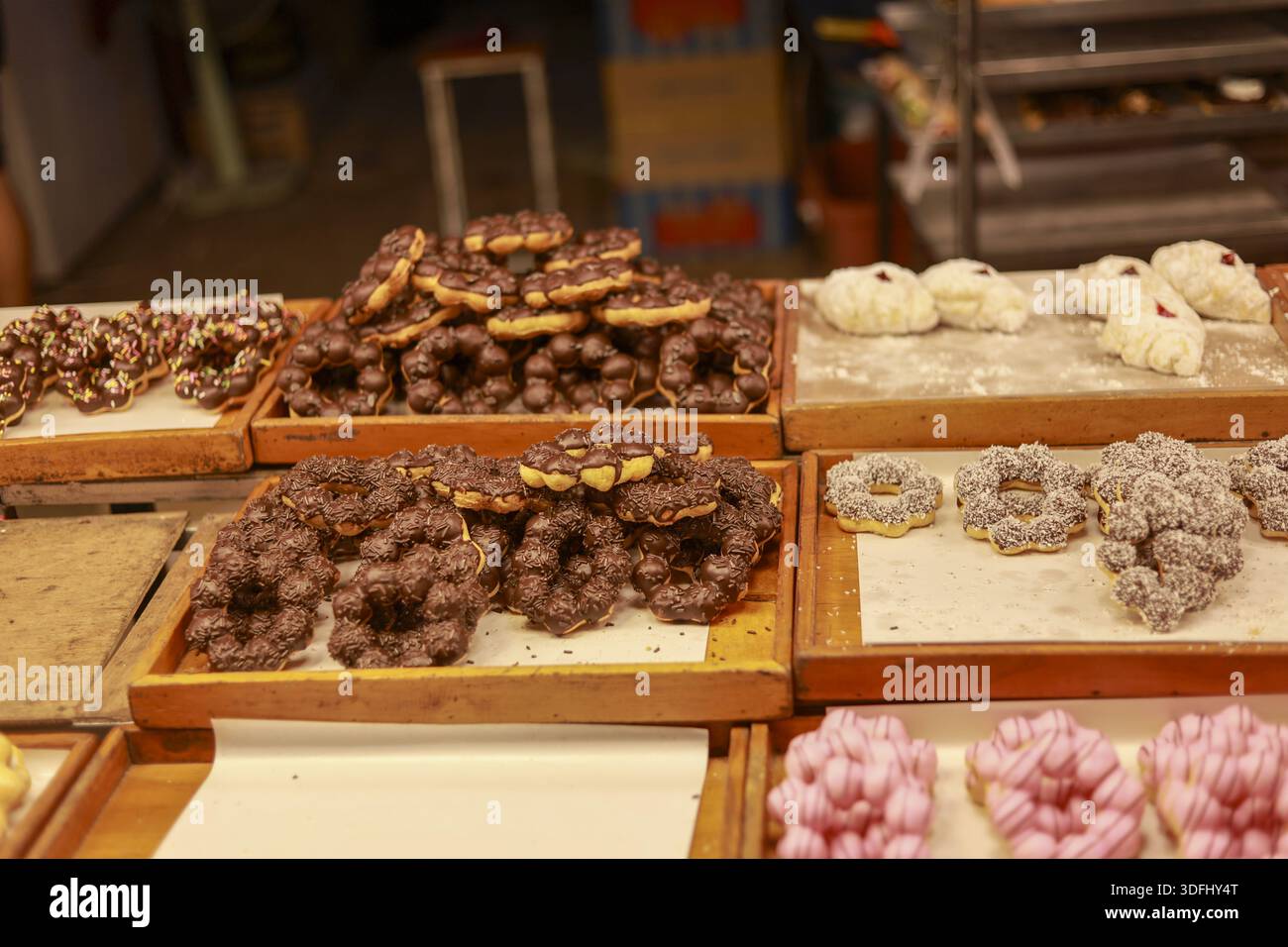 Delicious variety of sweet chocolate donut ring and glazed pastry ...