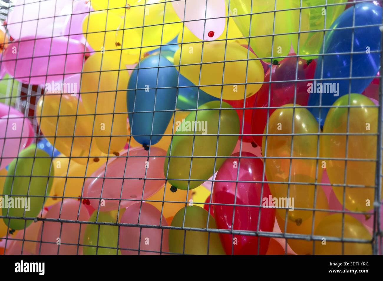Colorful party balloon bunch behind wire grid mesh creating joyful ...