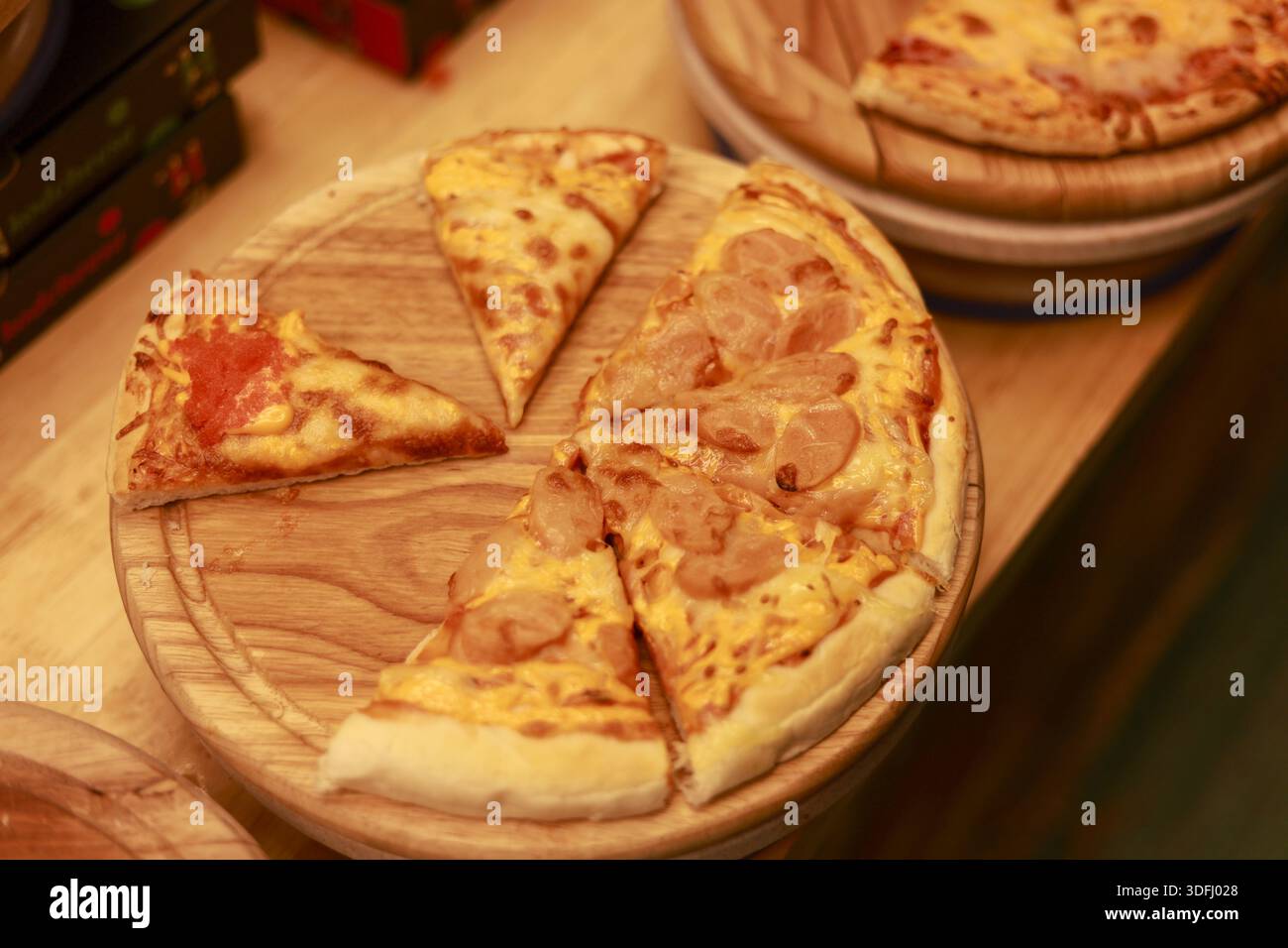Fresh Italian pizza slices wooden plate looking appetizing and ...