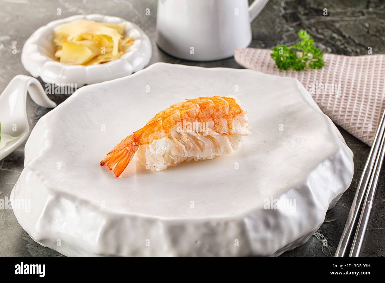 Japanese cuisine - sushi with prawn served ginger Stock Photo - Alamy
