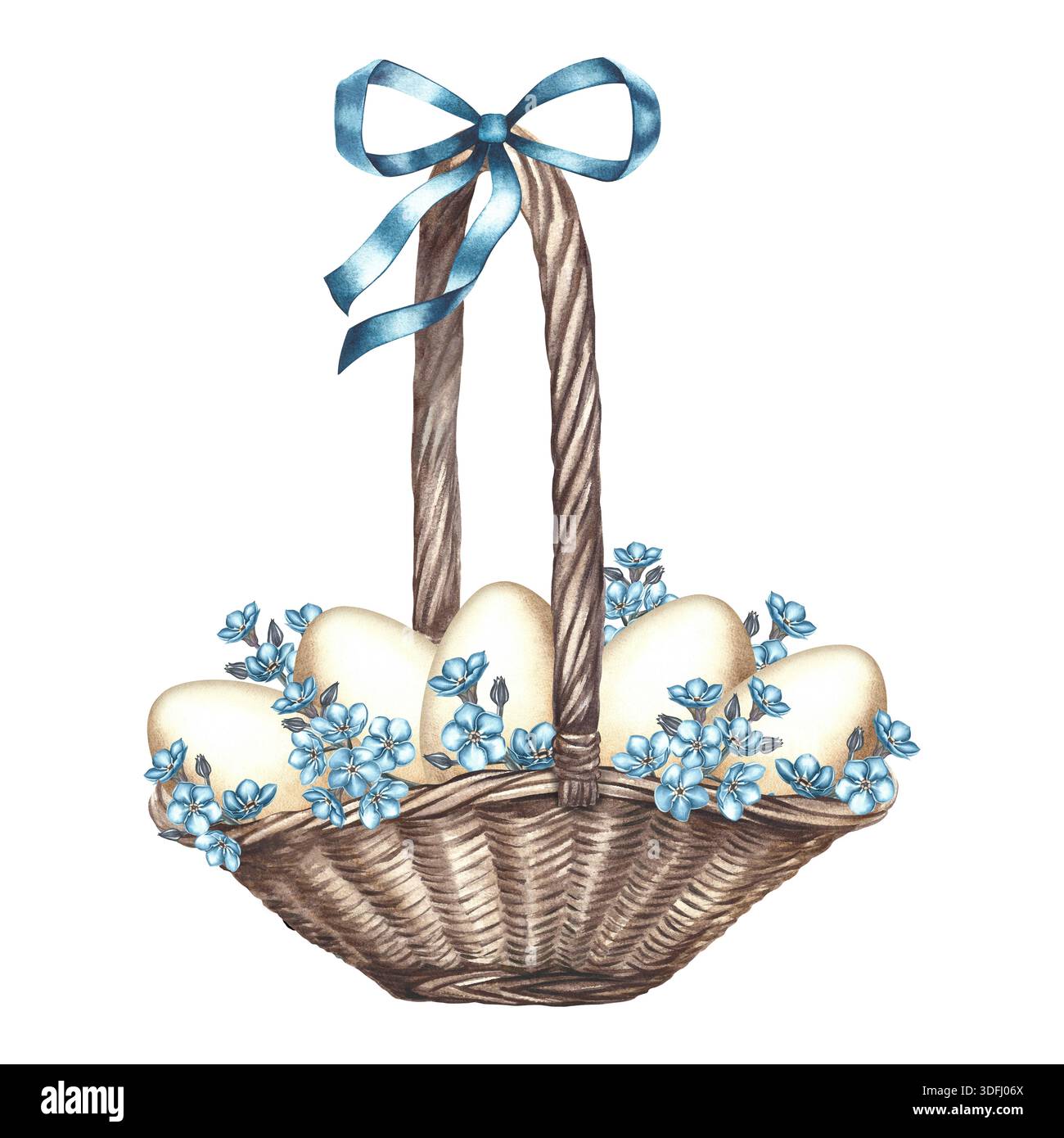 Easter eggs in a wicker basket with forget-me-not flowers. Hand-drawn ...