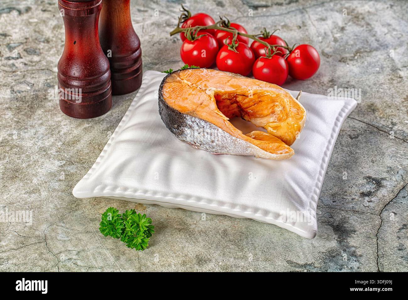 Dietary Steamed salmon fish fillet steak Stock Photo - Alamy