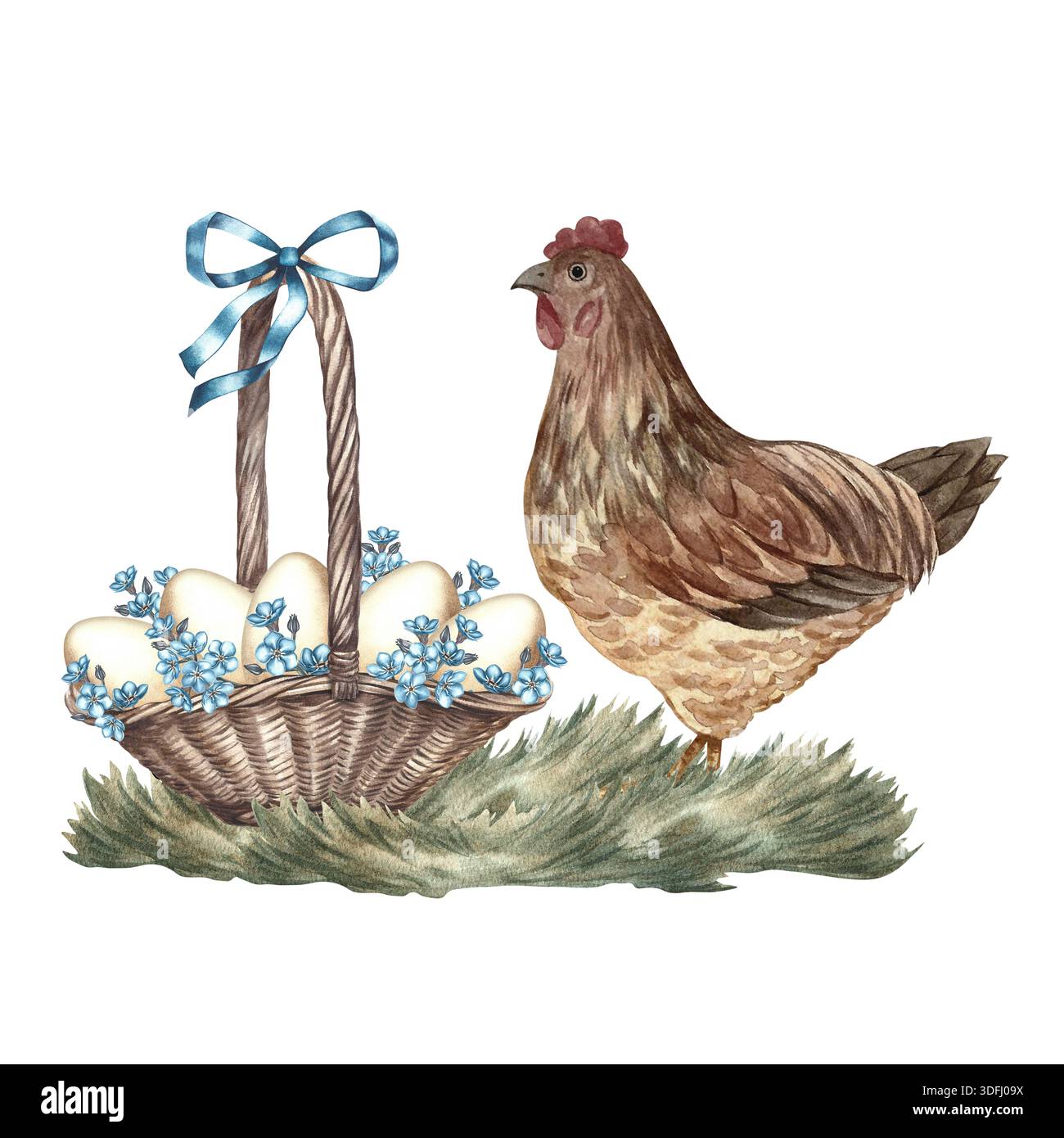 Easter composition. Easter eggs in a wicker basket with forget-me-not ...