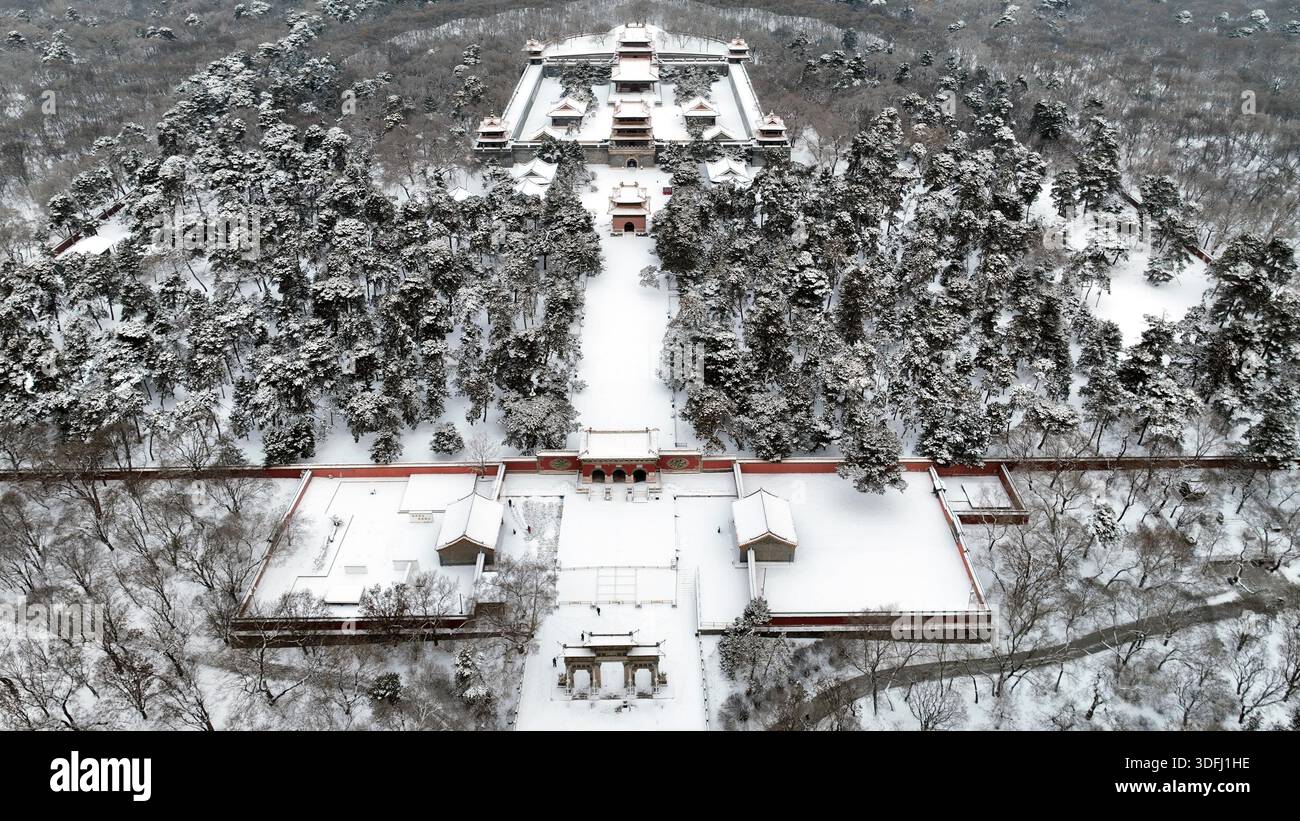 Aerial photo shows the snow scenery at Beiling Park in Shenyang City ...