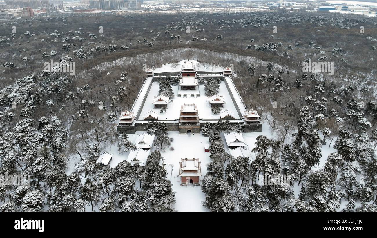 Aerial photo shows the snow scenery at Beiling Park in Shenyang City ...
