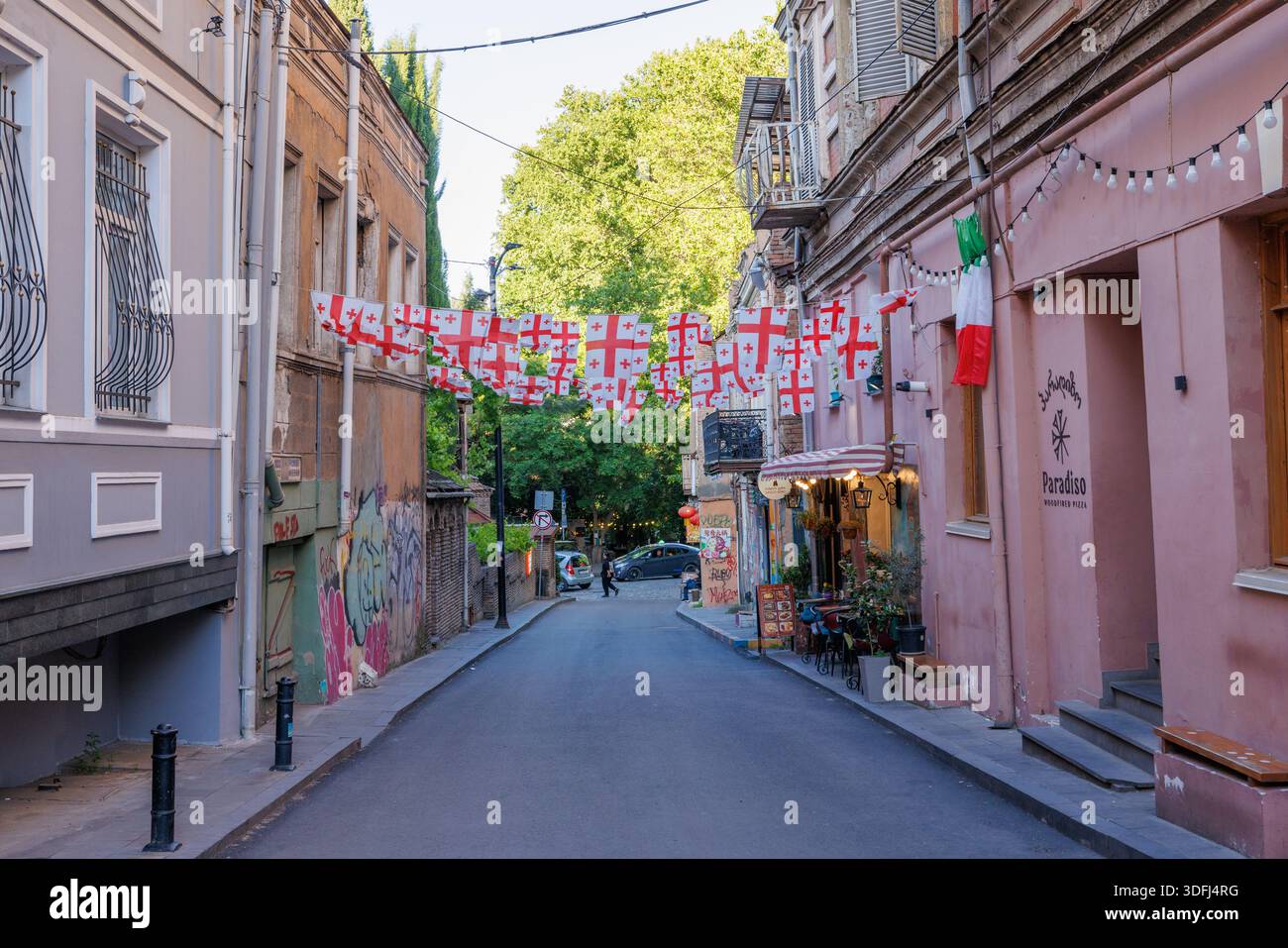 View of Georgian bunting flags stretched across the road on the streets ...