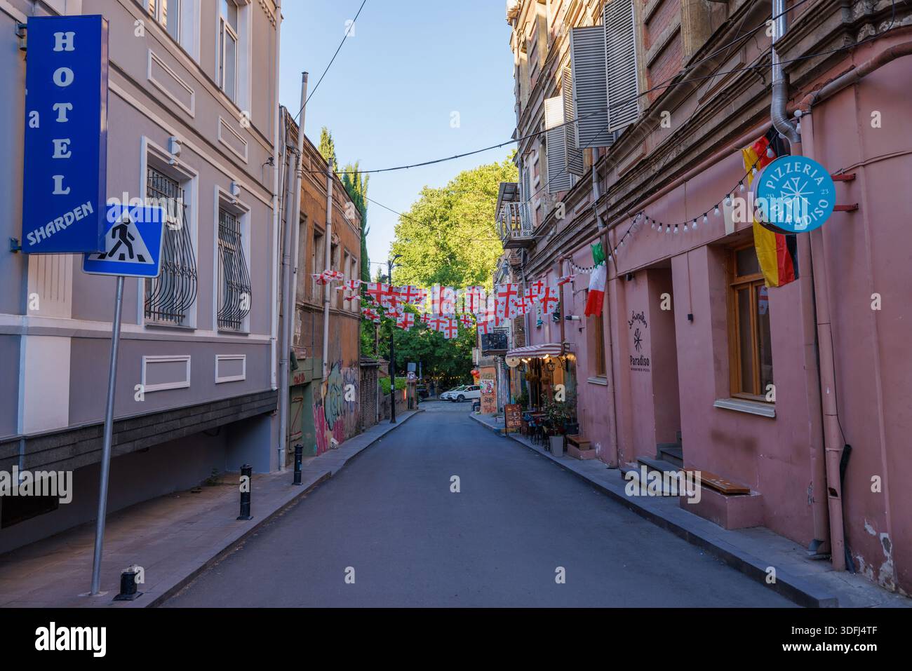 View of Georgian bunting flags stretched across the road on the streets ...
