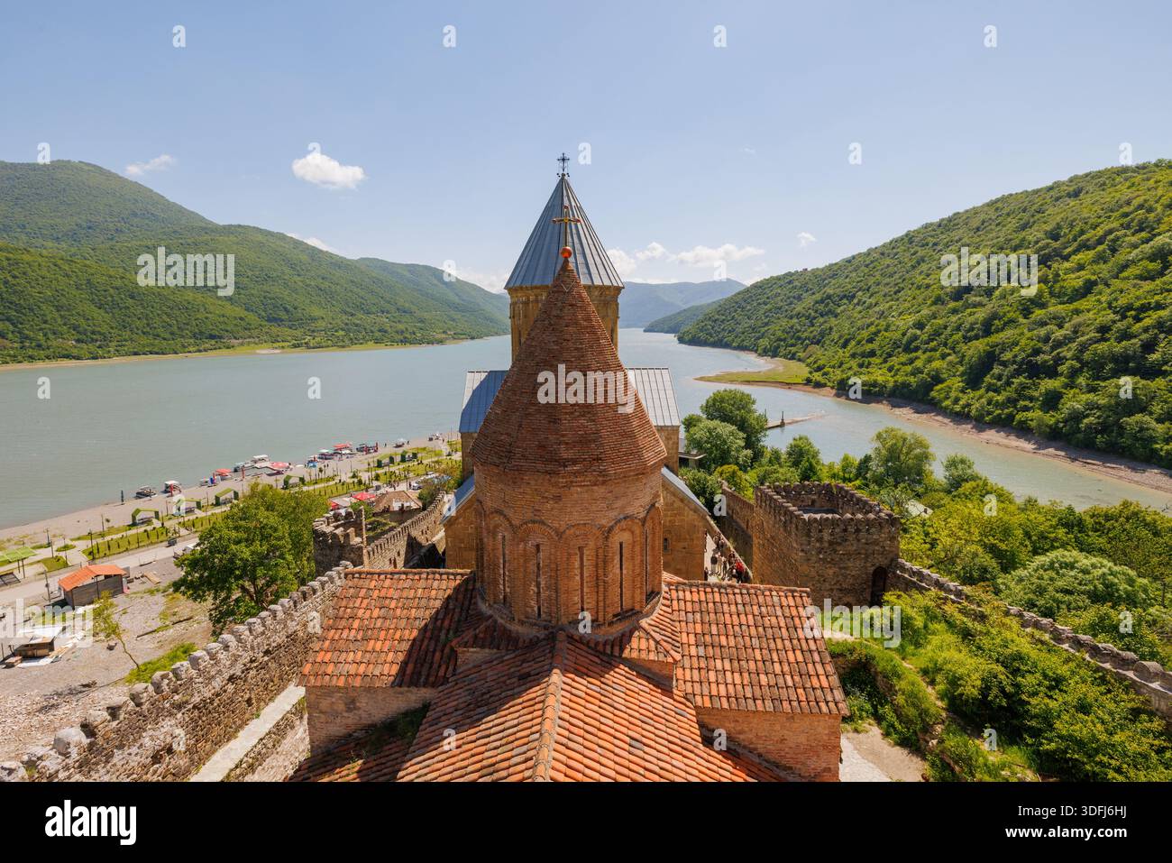 Scenic view of the church spire looking through the stone windows of ...
