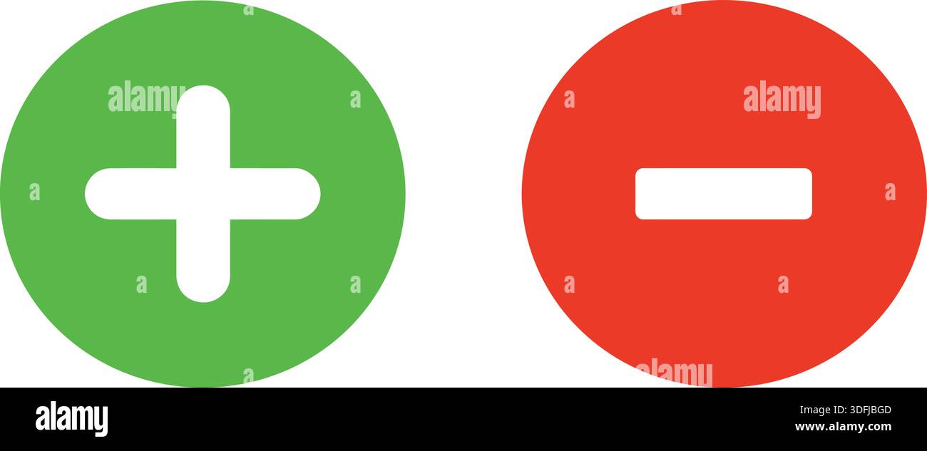 Green plus and red minus icons in circles, positive and negative ...