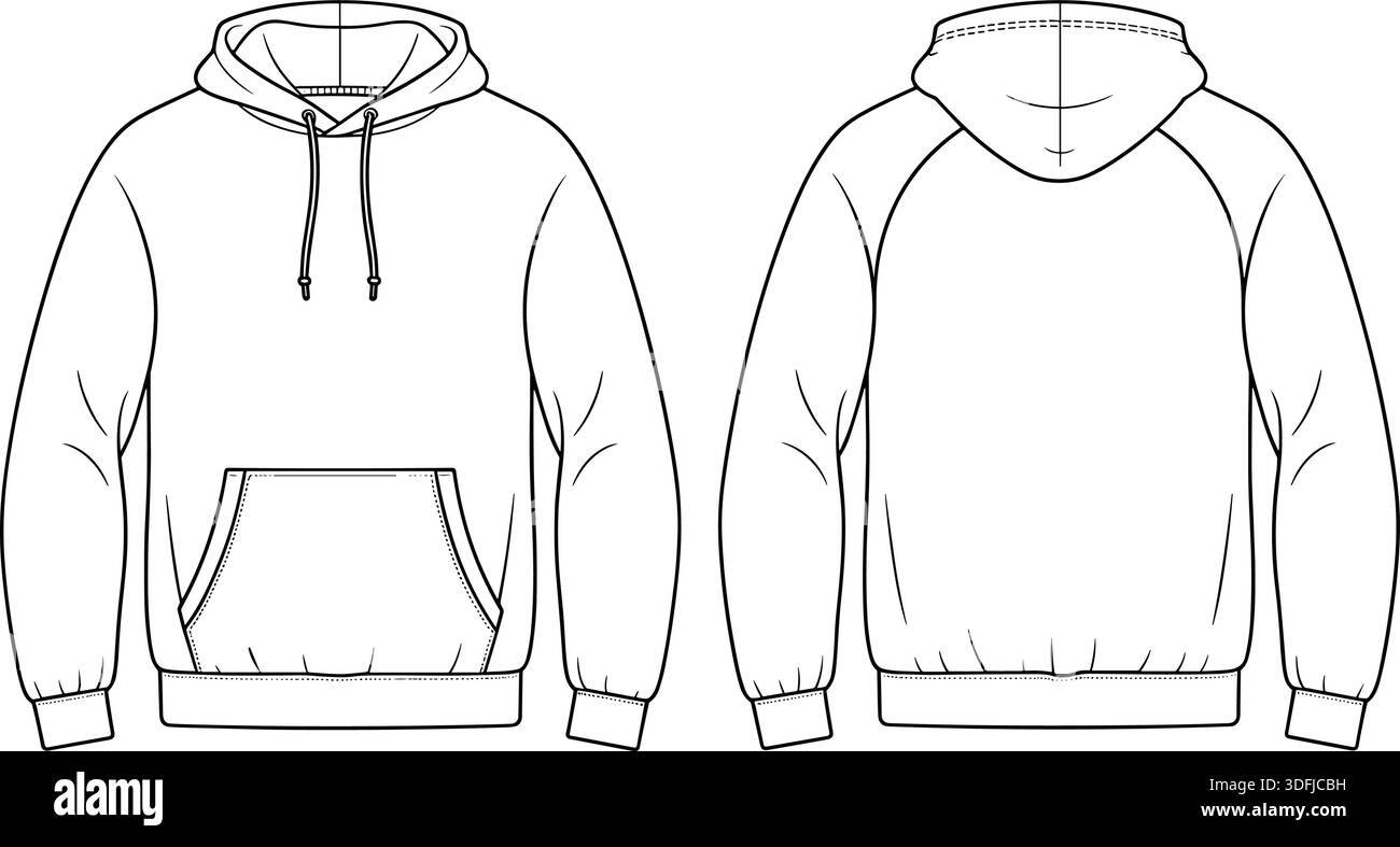 Technical fashion illustration of hooded sweatshirt hoodie front and ...