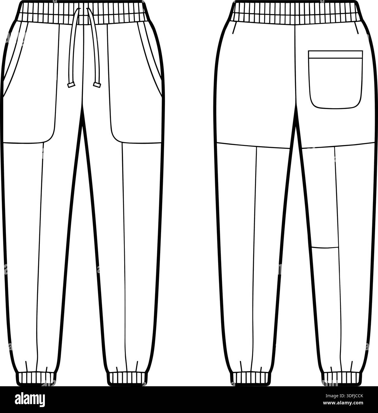 Technical flat sketch illustration of jogger pants front and back view ...