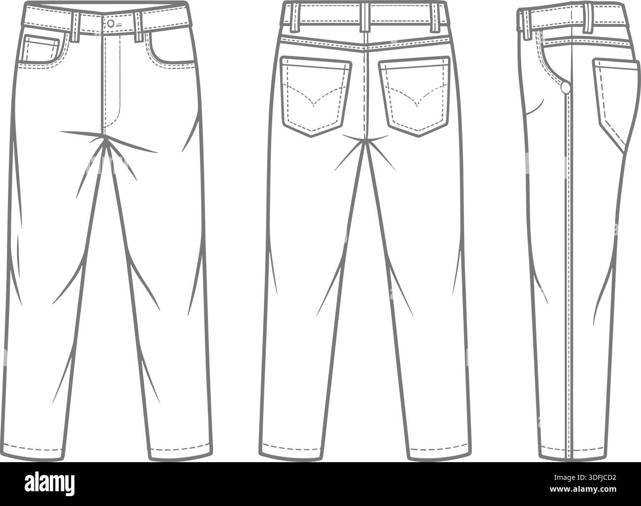 Detailed technical fashion illustration of men’s jeans showing front ...