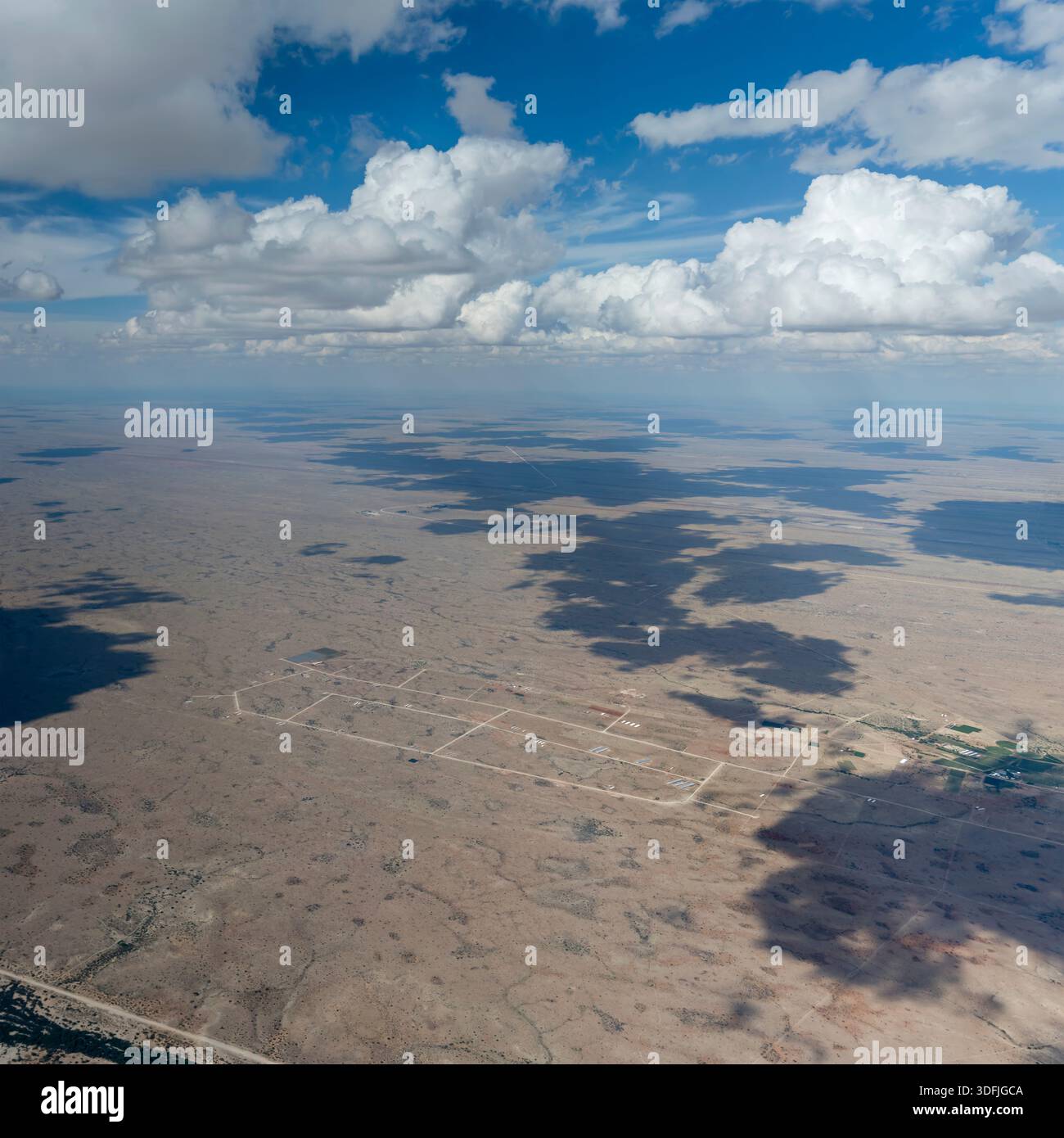 aerial landscape with village and fenced farms in Kalahari desert, shot ...