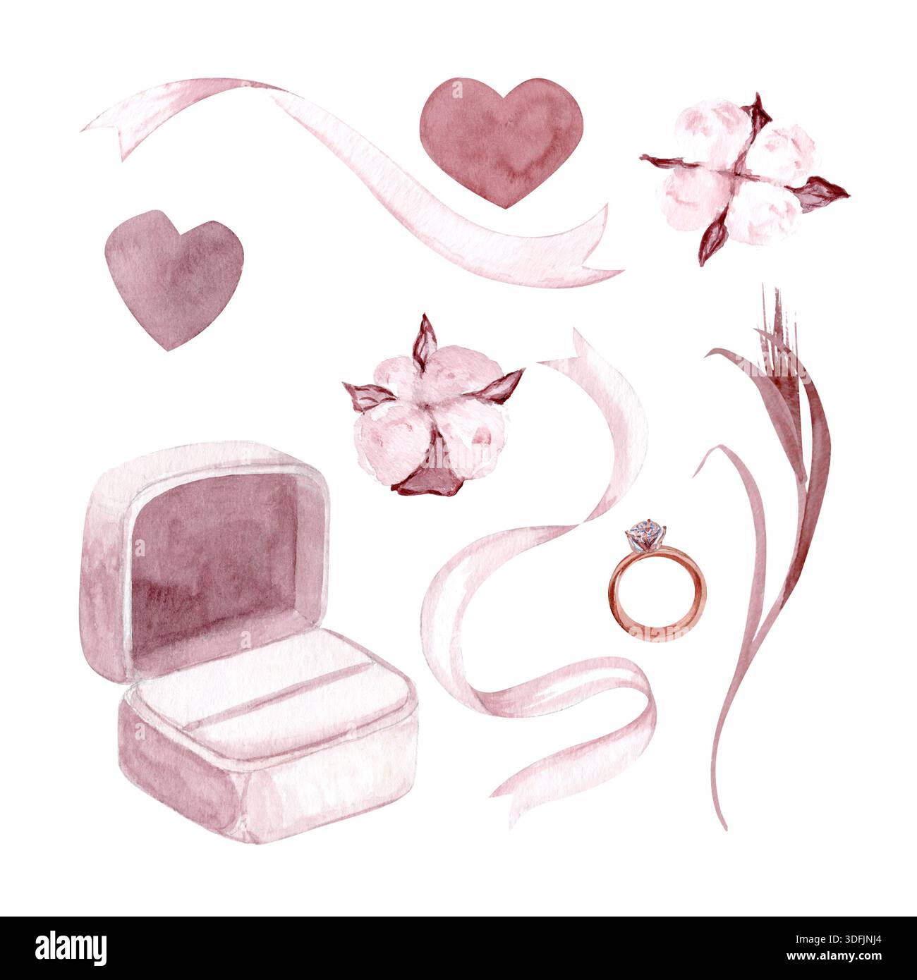 Open box with diamond engagement ring, cotton flowers, flowing ribbon ...