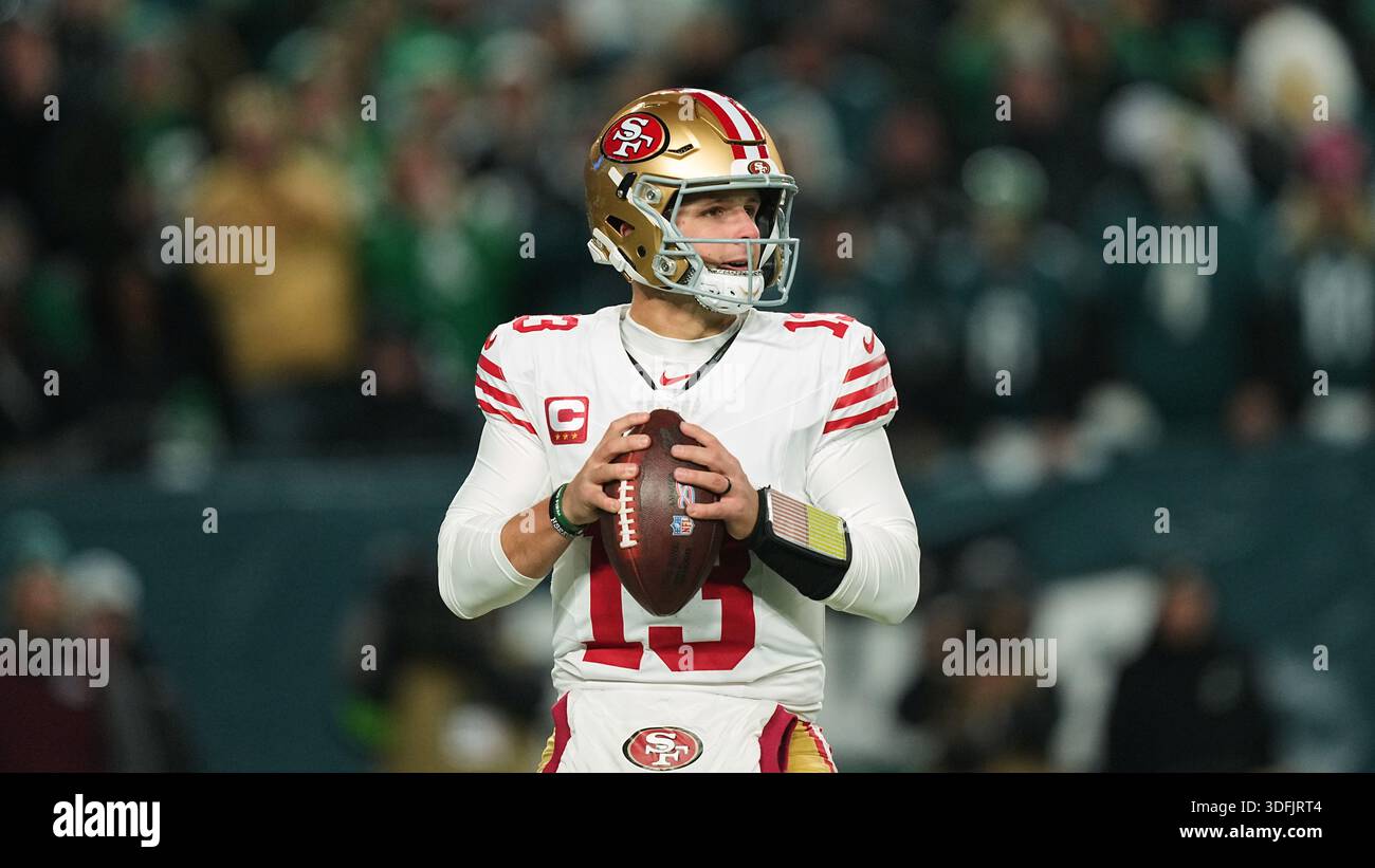 San Francisco 49ers quarterback Brock Purdy in action an NFL football ...