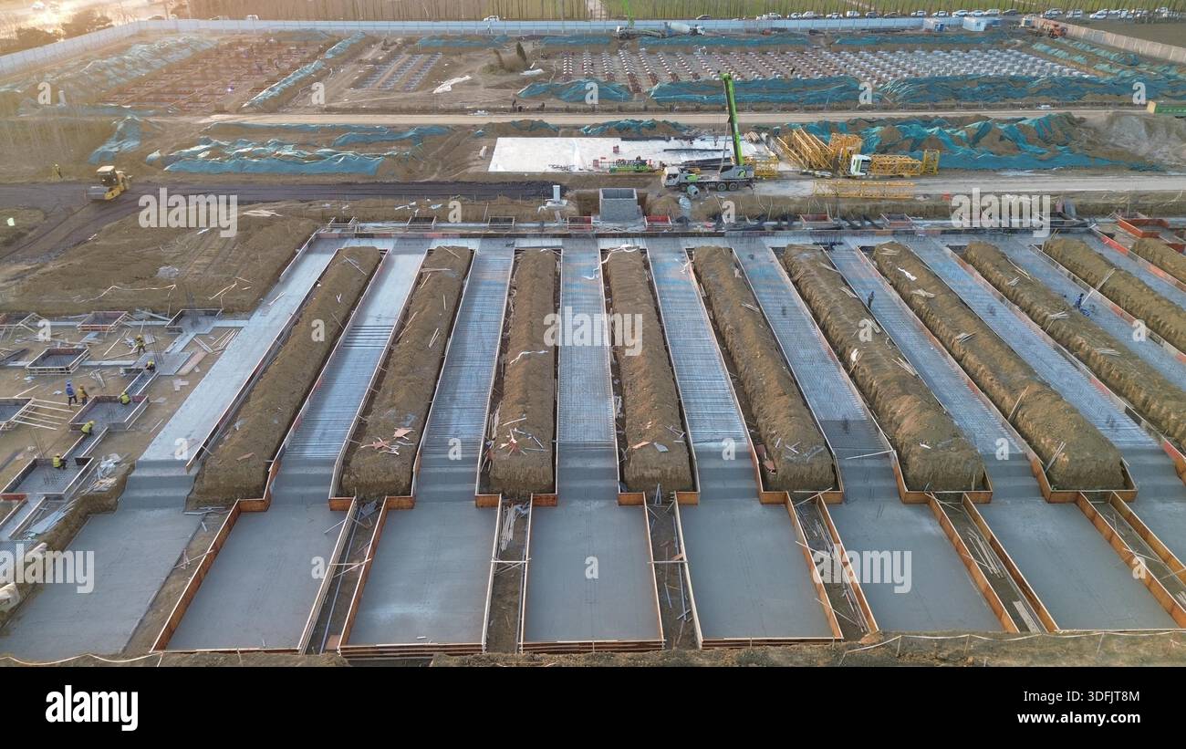 Aerial photo shows the construction site of a modern edible mushroom ...