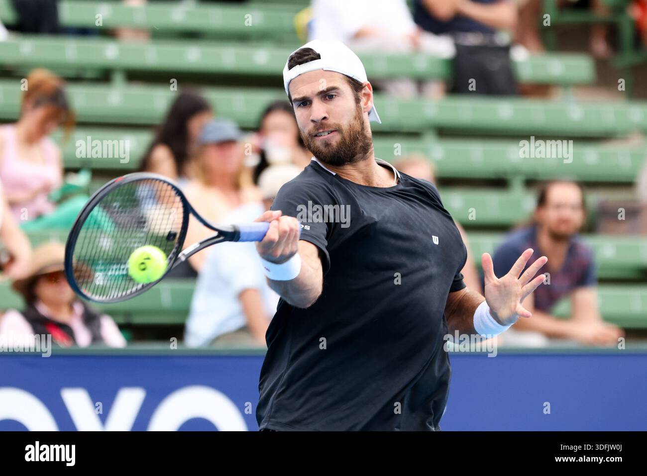 Karen Khachanov of Russia plays seen in action during Day 1 of the 2026 ...