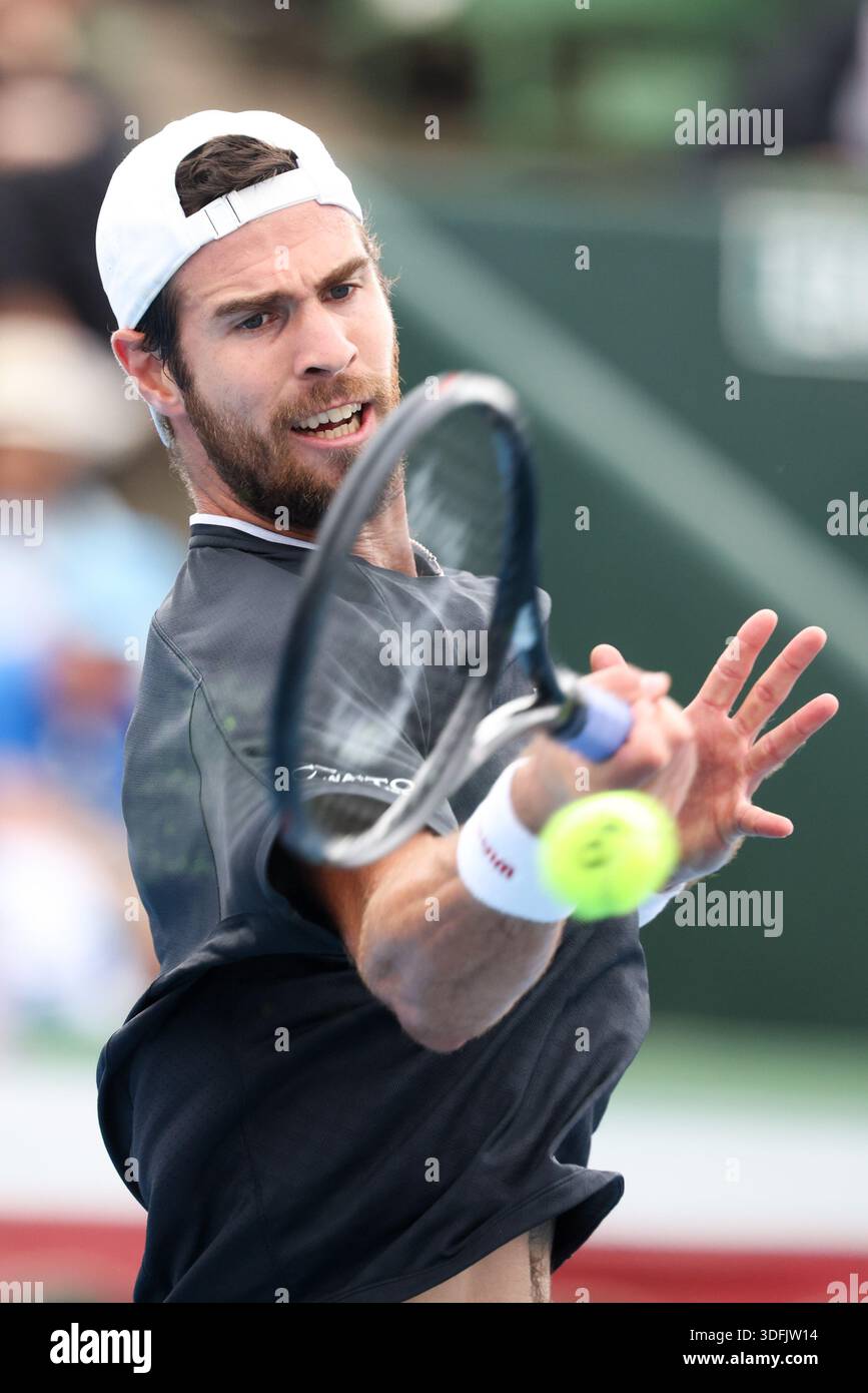 Karen Khachanov of Russia plays seen in action during Day 1 of the 2026 ...