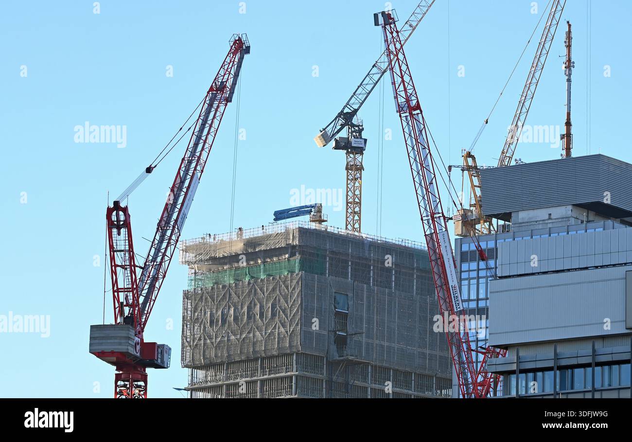 SYMBOL - 12 December 2025, Berlin: At Alexanderplatz, several construction cranes stand around ...