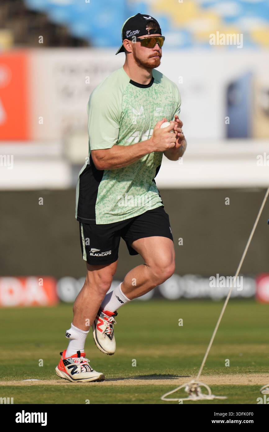 New Zealand's Glenn Phillips bowls during a practice session ahead of ...