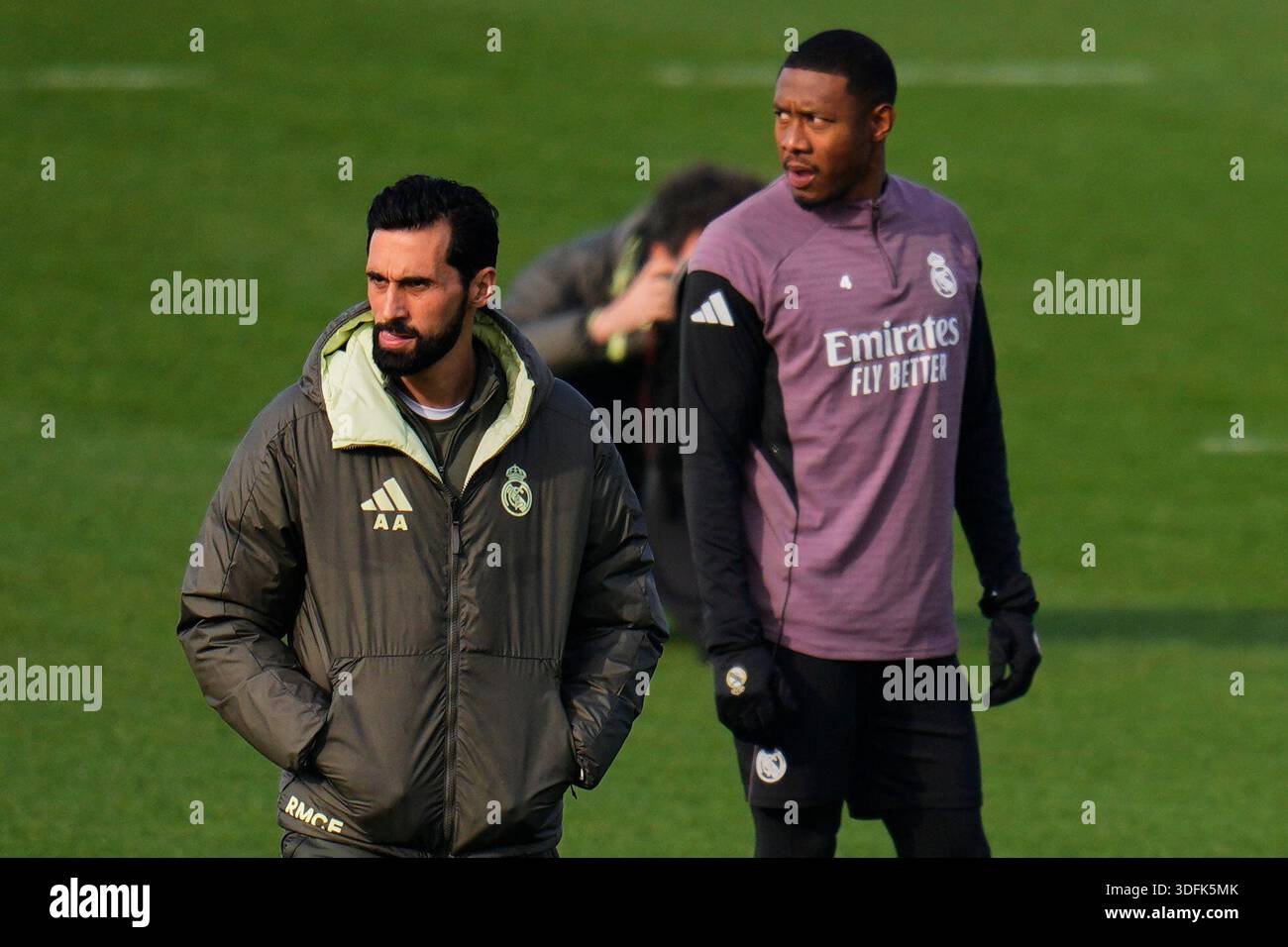 Real Madrid new coach Alvaro Arbeloa, left, and player David Alaba ...