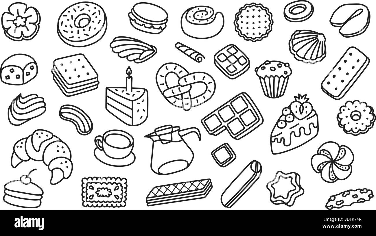 Dessert doodle sketch. Donut, croissant and macaron, cracker and ...