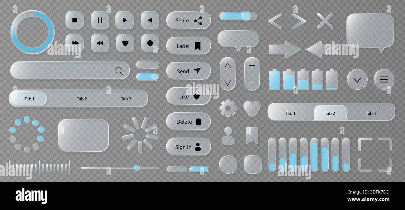 Glassmorphism UI set. Transparent glass search bar and frosted buttons ...