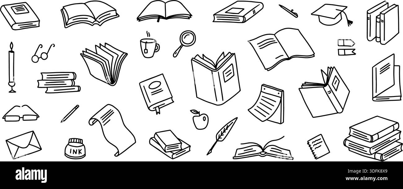 Books doodles. Hand drawn book stacks and graduation caps for education ...