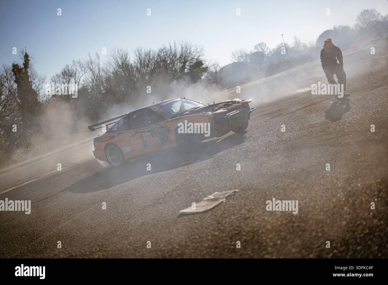 Imola, italy 01 january 2026: drift car power-sliding on track, tires ...