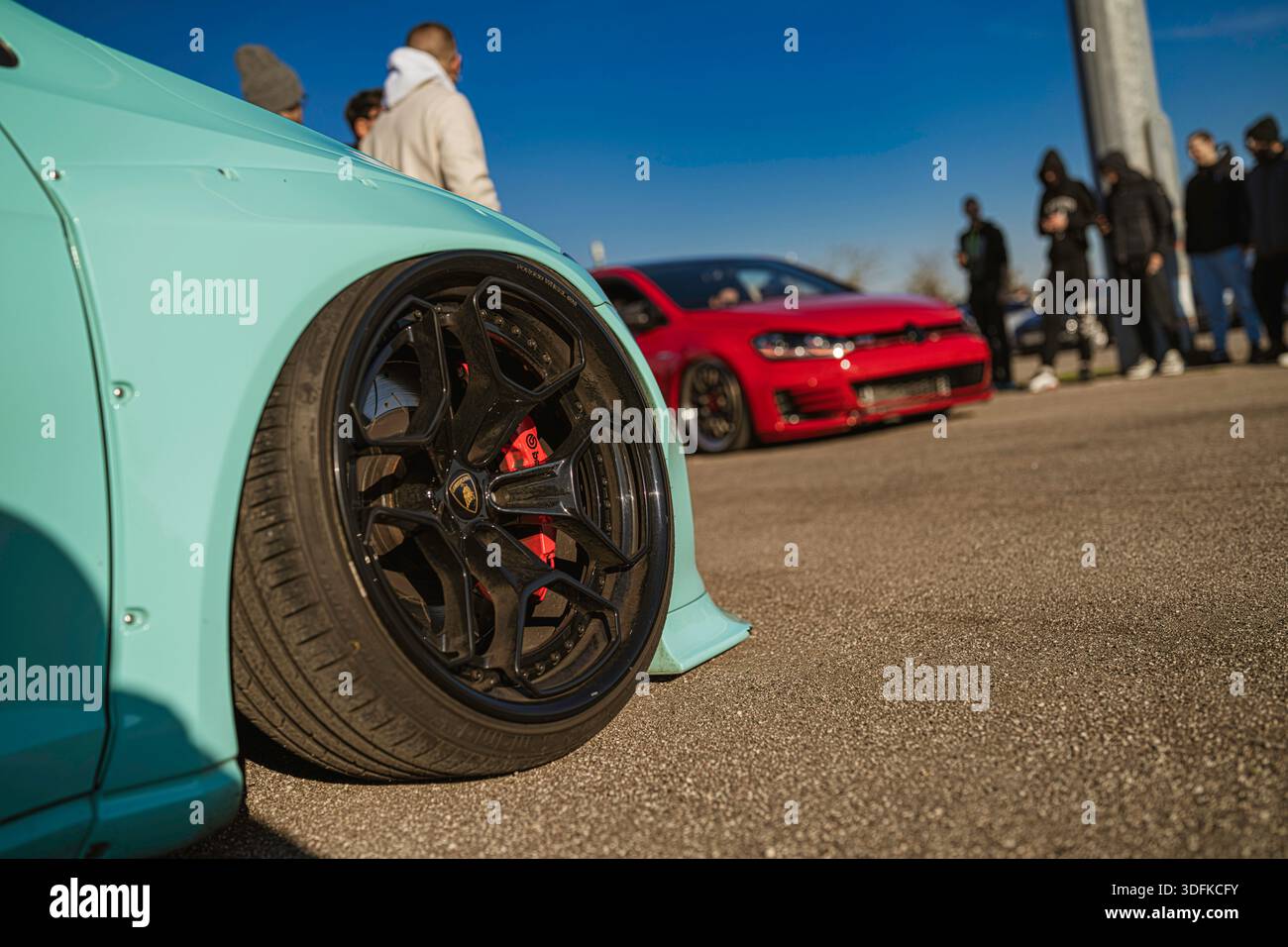 Imola, italy 01 january 2026: stanced light blue custom car showcasing ...