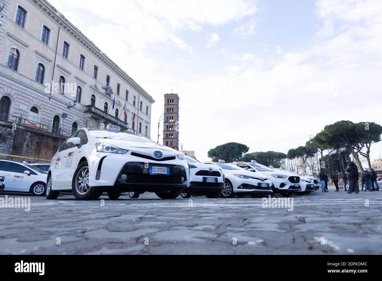 Taxis stopped in Rome's Piazza della Bocca della Verità during the ...