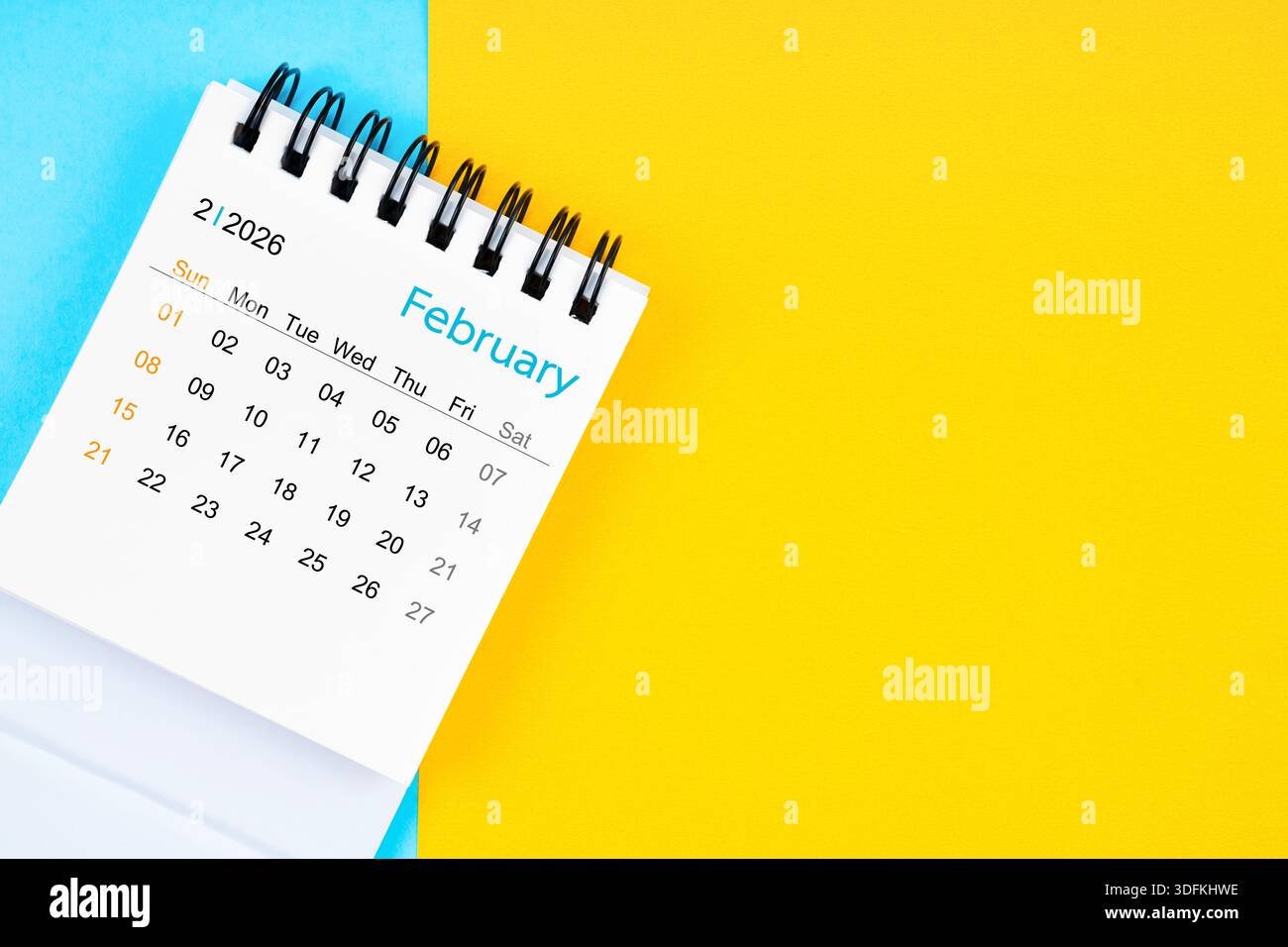 February 2026, Monthly desk calendar for 2026 year on yellow and blue ...