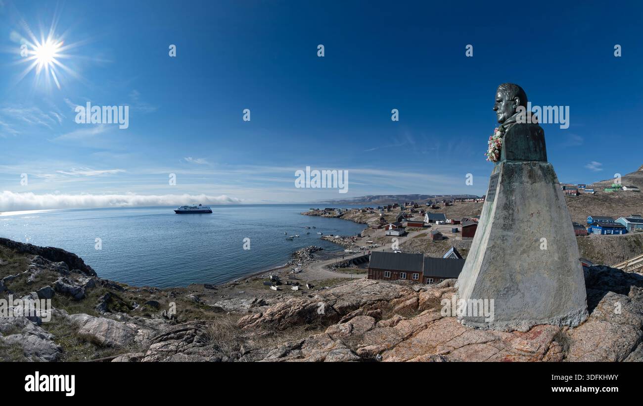 Memorial bust of founder Ejnar Mikkelsen overlooking Ittoqqortoormiit ...