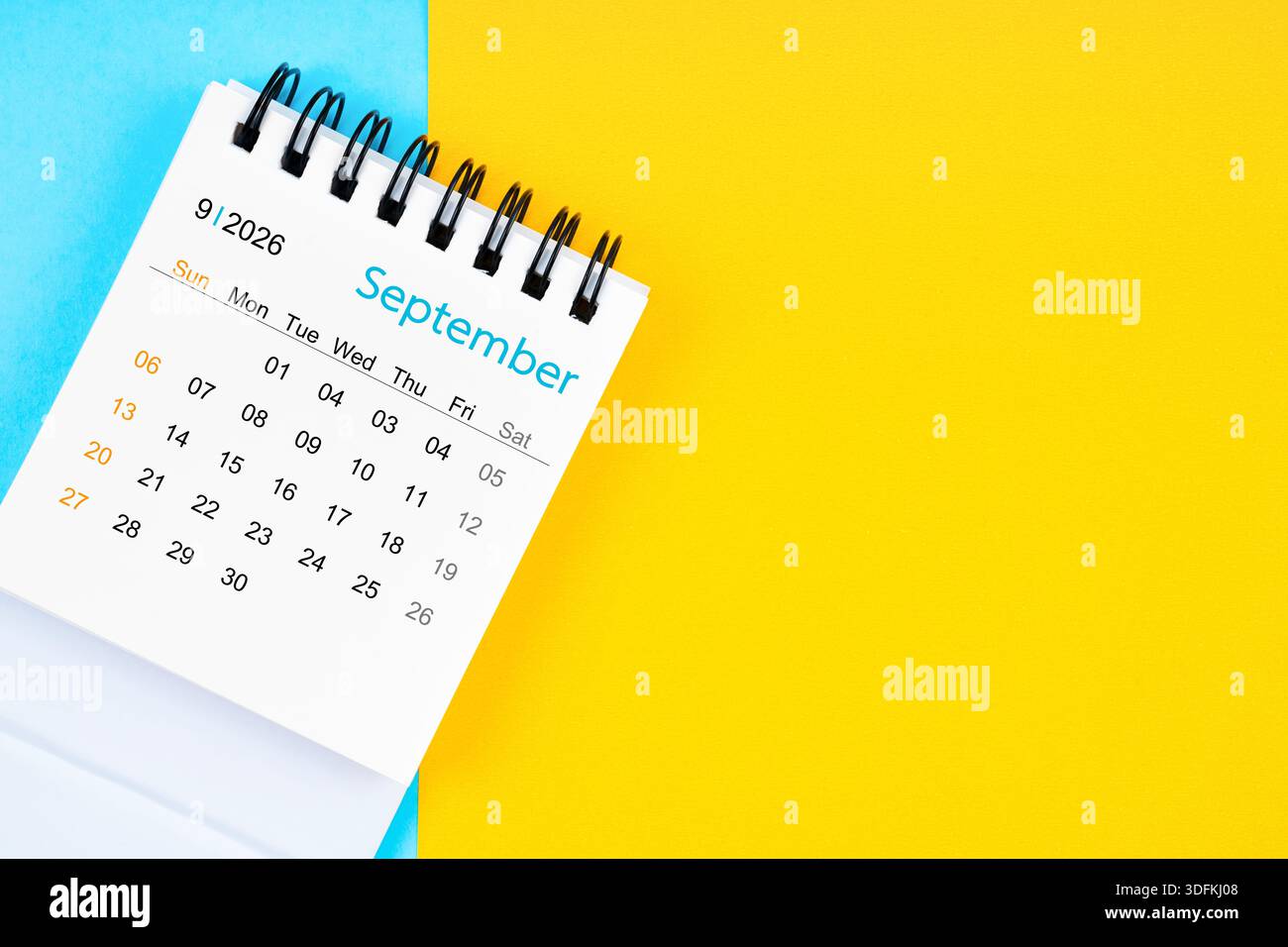 September 2026, Monthly desk calendar for 2026 year on yellow and blue ...