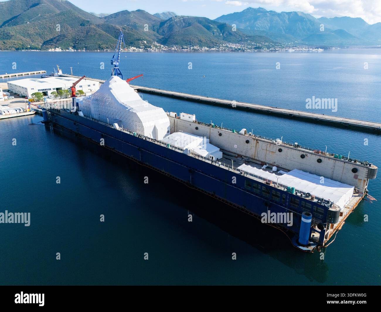 Aerial view of a luxury yacht refit, repair, service and maintenance in ...