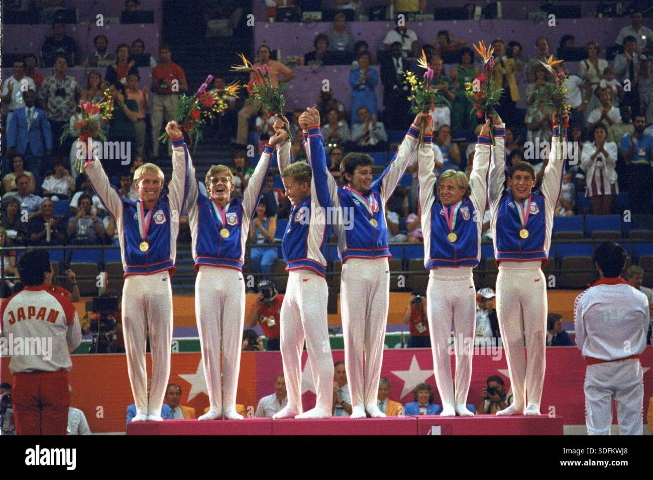 FILE - Members of the U.S. gymnastics team, from left: Bart Conner ...