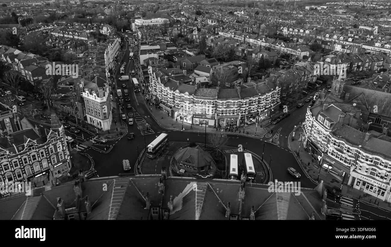 LONDON, UK - JANUARY 07, 2026 - Muswell Hill roundabout traffic and ...