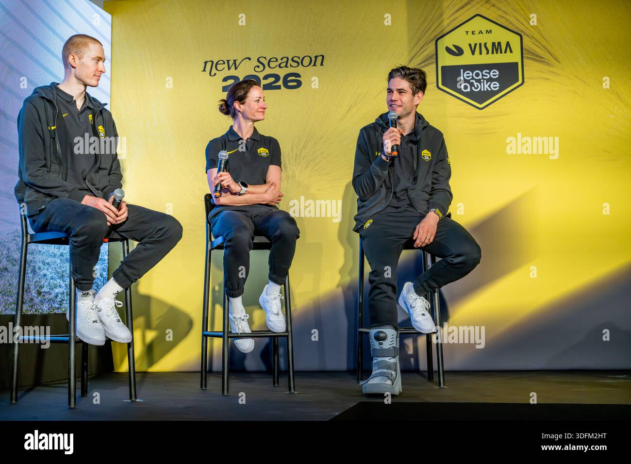 American Matteo Jorgenson, Dutch Marianne Vos and Belgian Wout van Aert pictured during the team ...