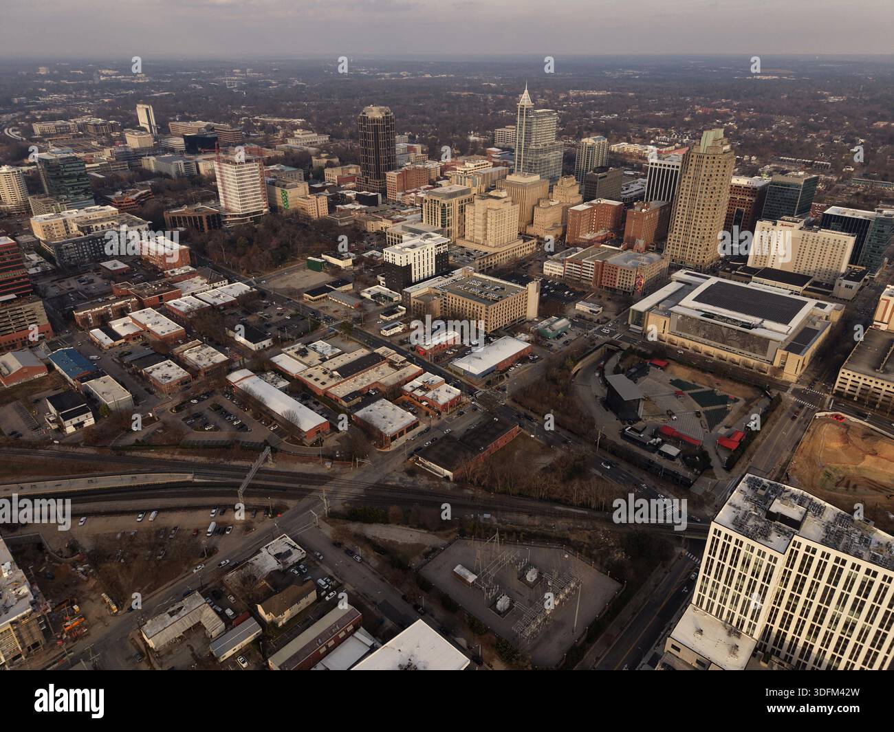 Aerial view of Raleigh reveals the City of Oaks with oak-lined streets ...