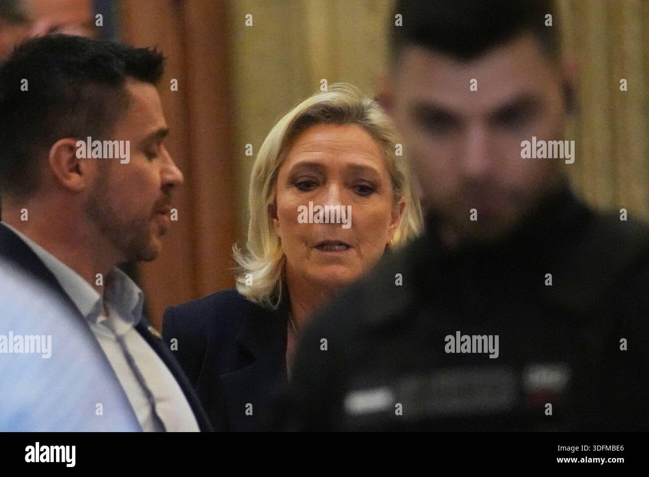 Far-right leader Marine Le Pen leaves for a break during her appeal trial after an embezzlement ...