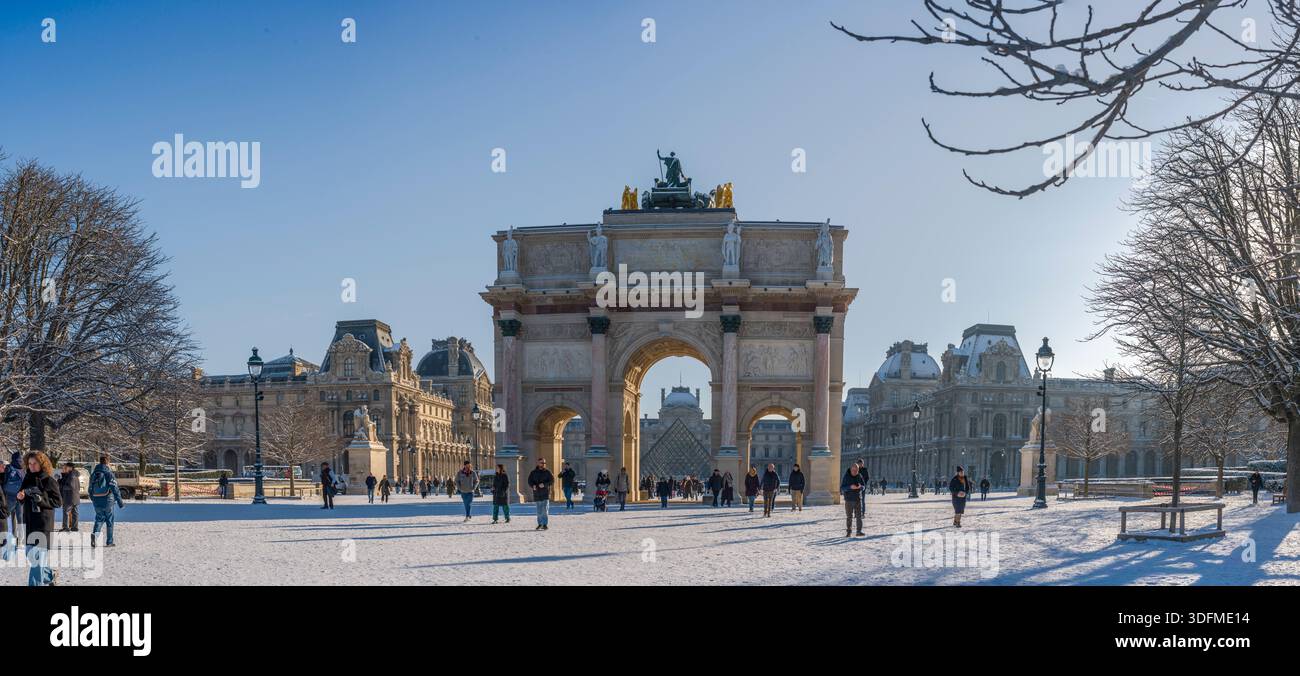Paris, France - 01 07 2026: Snow flakes. Panoramic view of Arc de ...