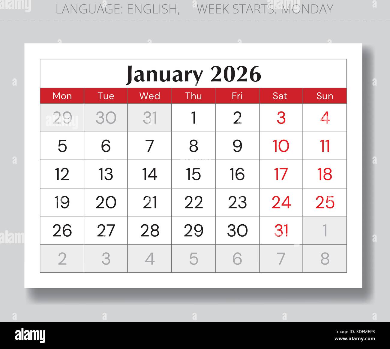 January 2026 calendar page. English monthly vector with Monday start ...